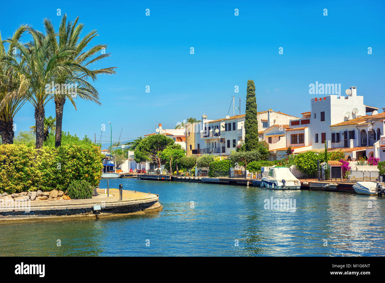 Waterway and marina of Empuriabrava village. Costa Brava, Catalonia ...