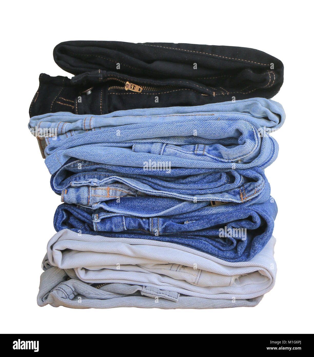 Stack of blue jeans on white background with copy space Stock Photo - Alamy