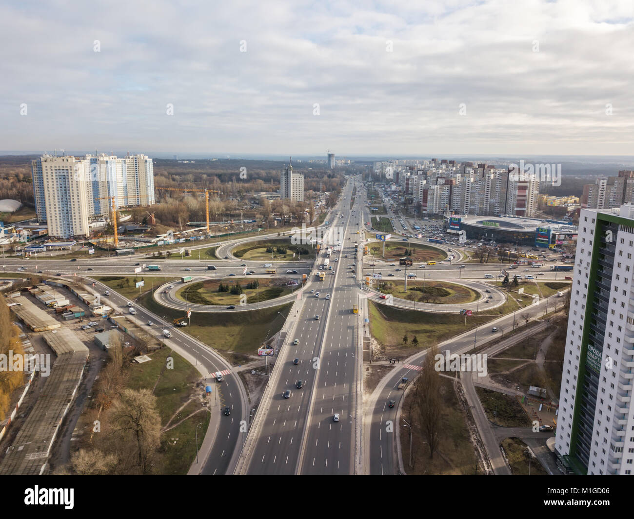Kiev, Ukraine.- January 11,2018: Aerial view of motorway freeway roads ...
