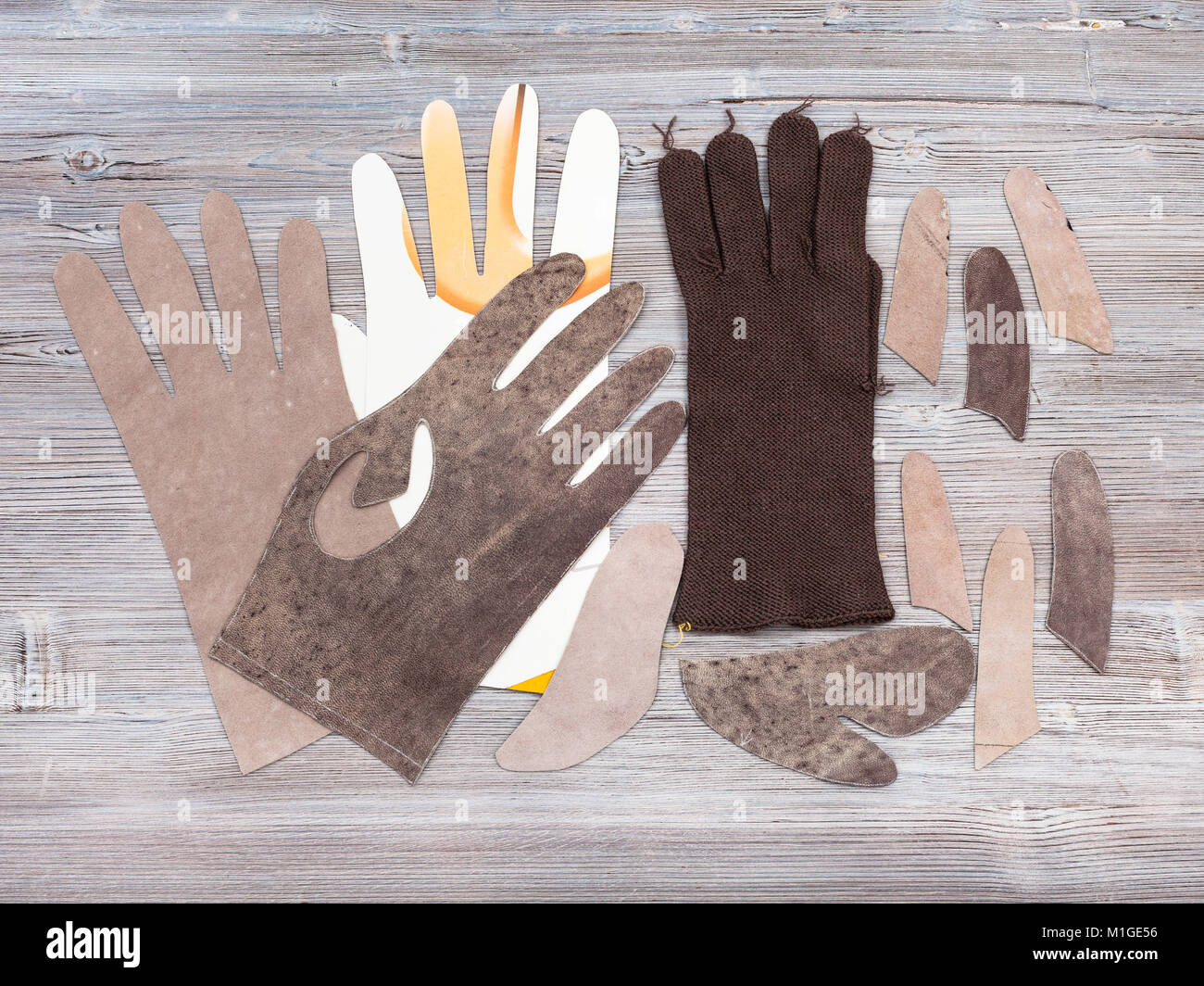 workshop on sewing gloves - top view of set of items for glove ...