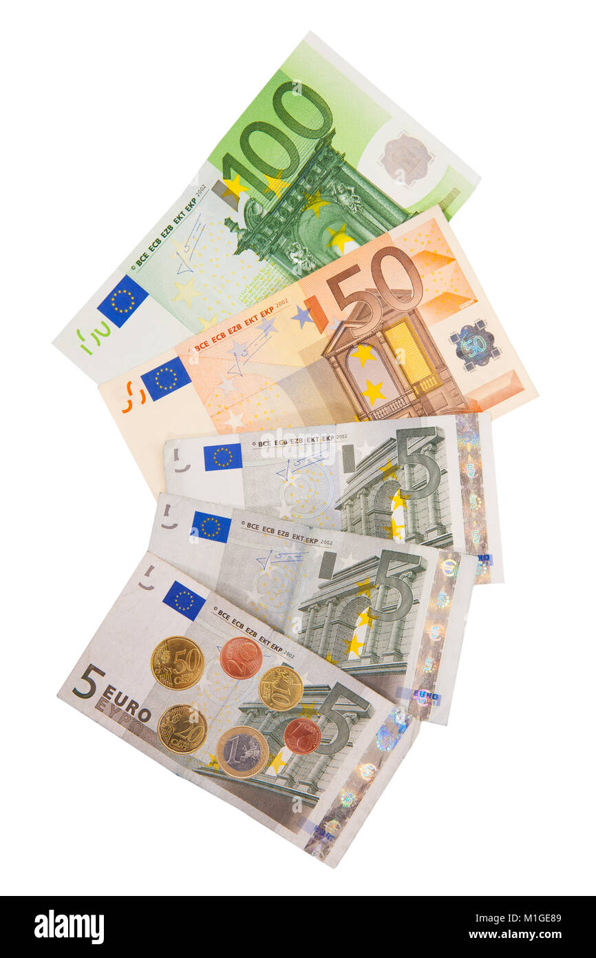 European currency coins and bills. Isolated on white background Stock ...