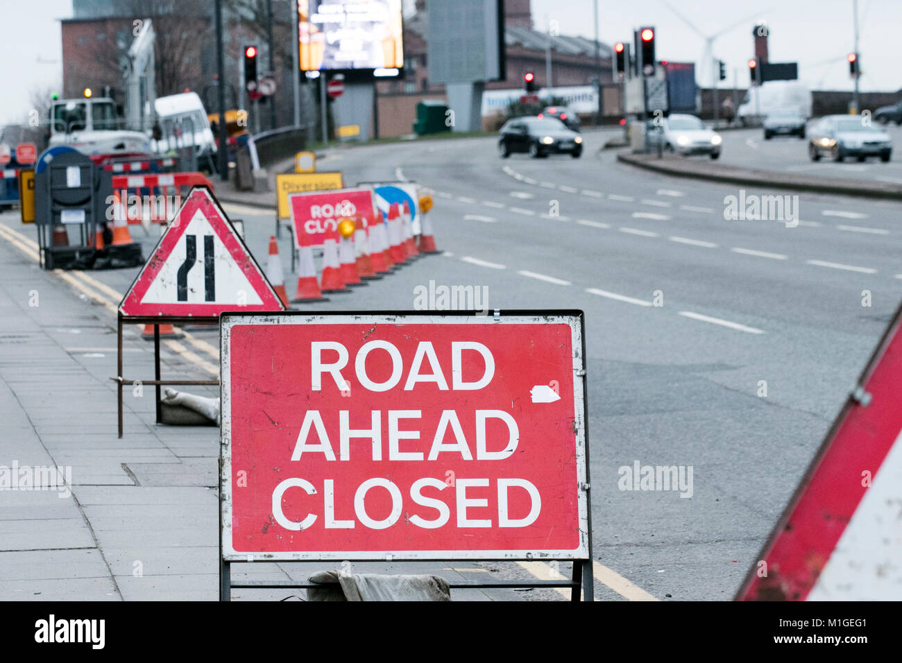 Roadworks and road closure signs on the main route into Liverpool city ...