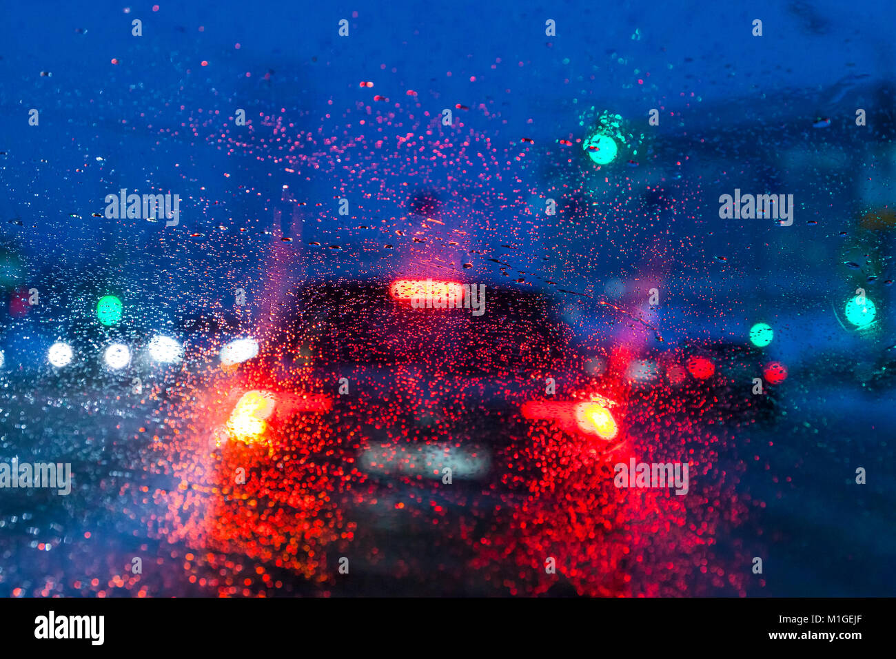 driving in night snowfall in Moscow - defocused background with view ...