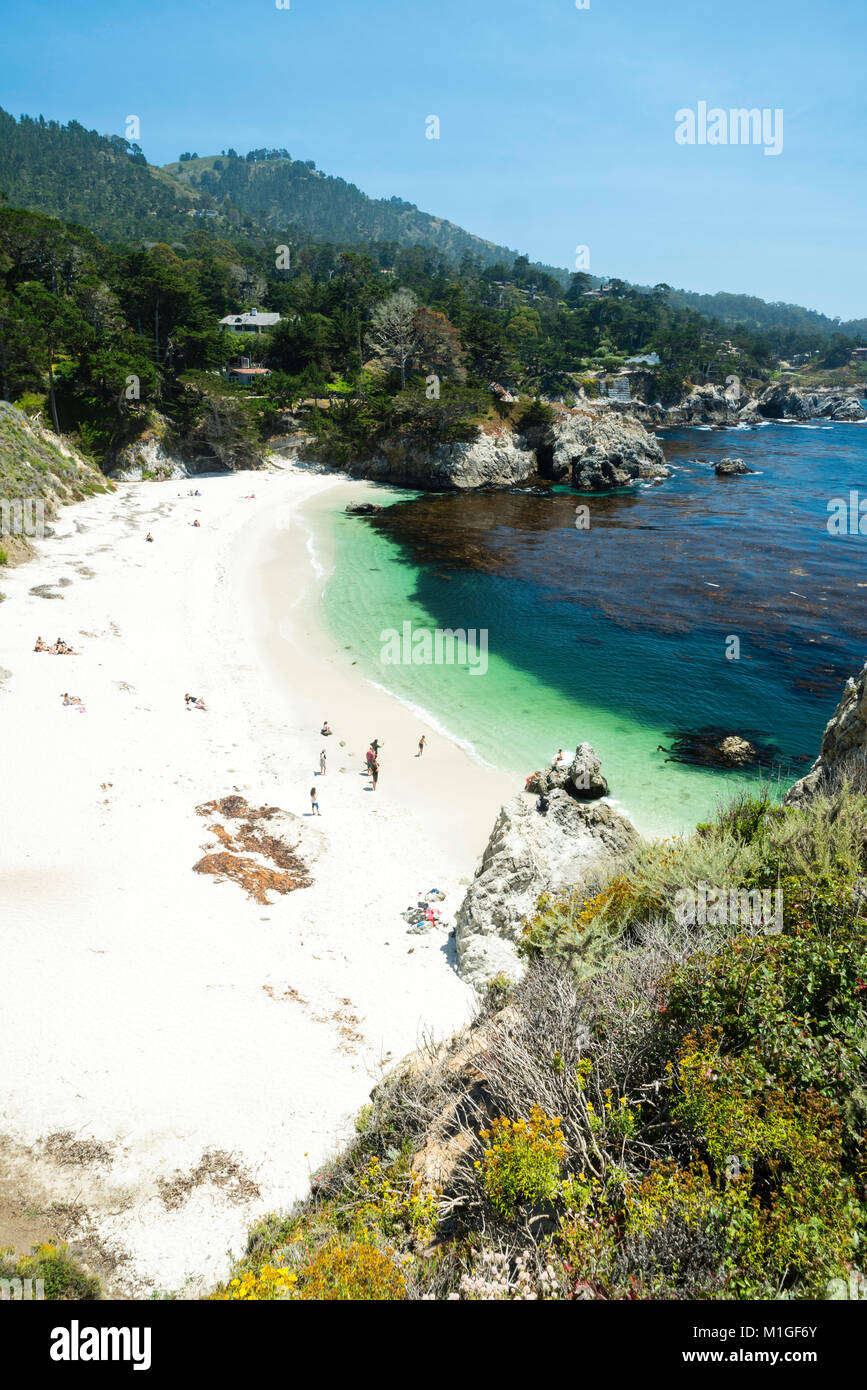 Sunbathers relax on the beach at Point Lobos State Park, near Carmel ...