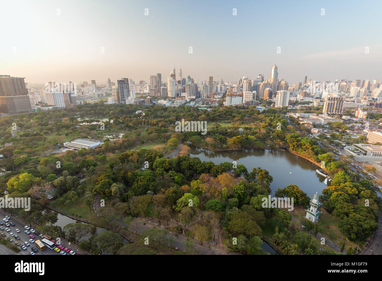 Scenic view of the Lumpini (Lumphini) Park and Bangkok city in Thailand ...
