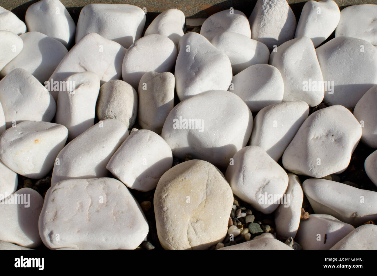 group of white gray stones in sun light, close up background, texture ...