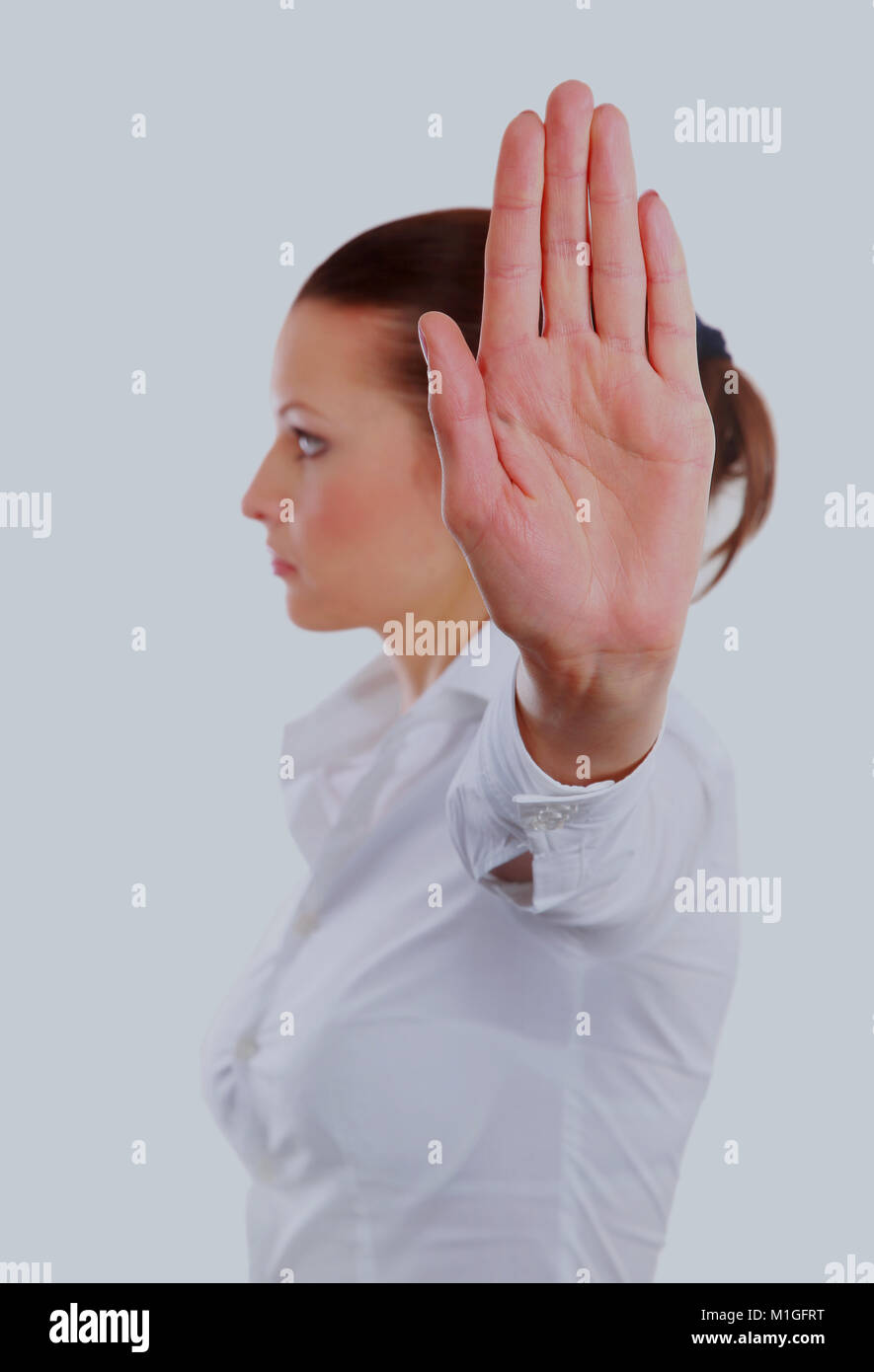 Anger woman signaling stop sign , isolated on white background Stock ...