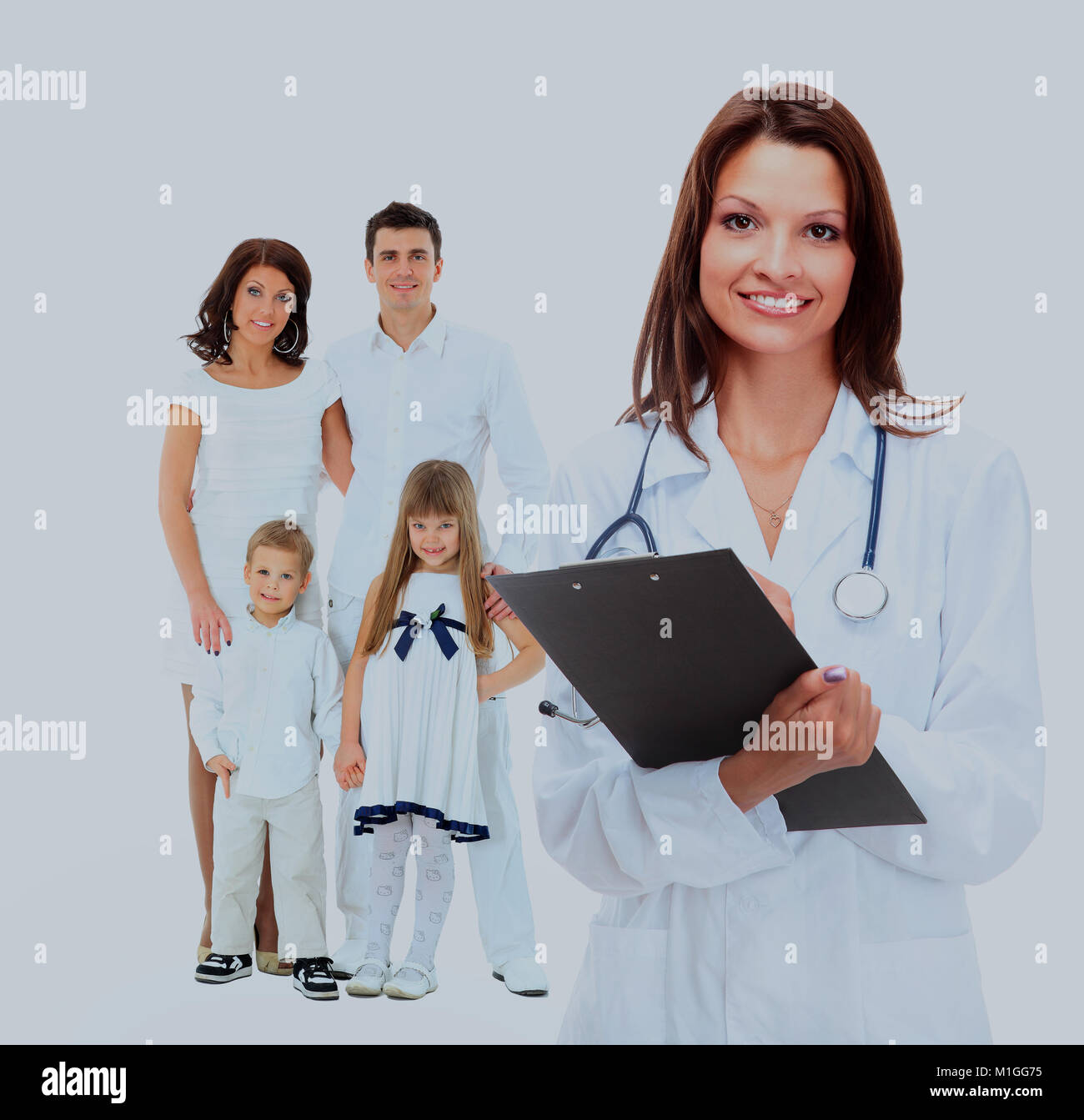 female family doctor on the background of a happy family Stock Photo ...