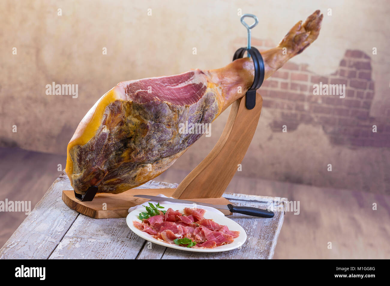 Jamon. Jamon serrano. Traditional Spanish ham close up. Dry cured ...