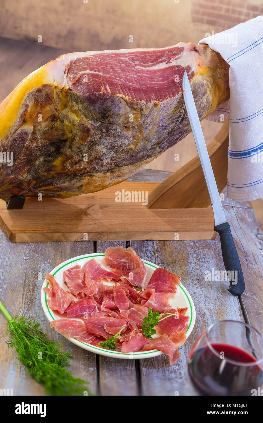 Jamon. Jamon serrano. Traditional Spanish ham close up. Dry cured ...
