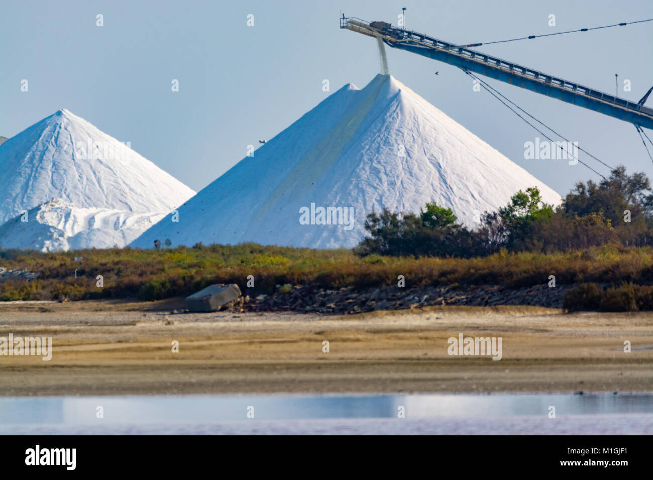 Salt works, industrial plant with white piles of Camagrue sea salt ...