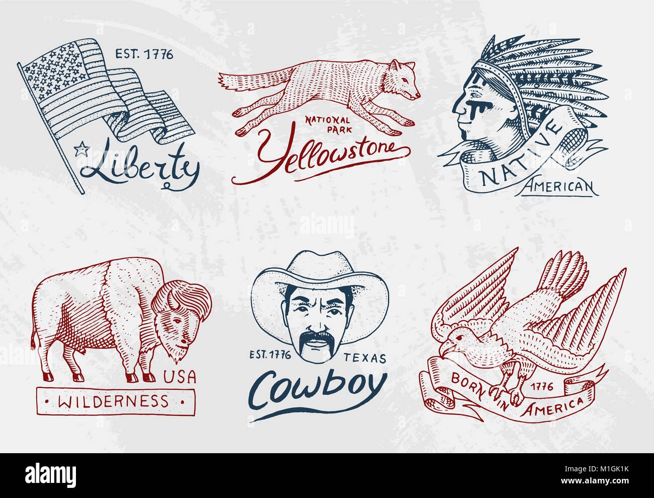 native american set. old, labels or badges for camping, hiking, hunting ...