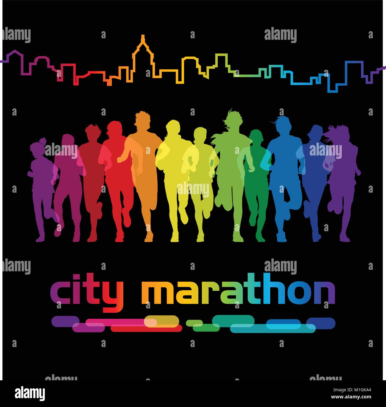 Front view of the crowd of young people running in the city marathon ...