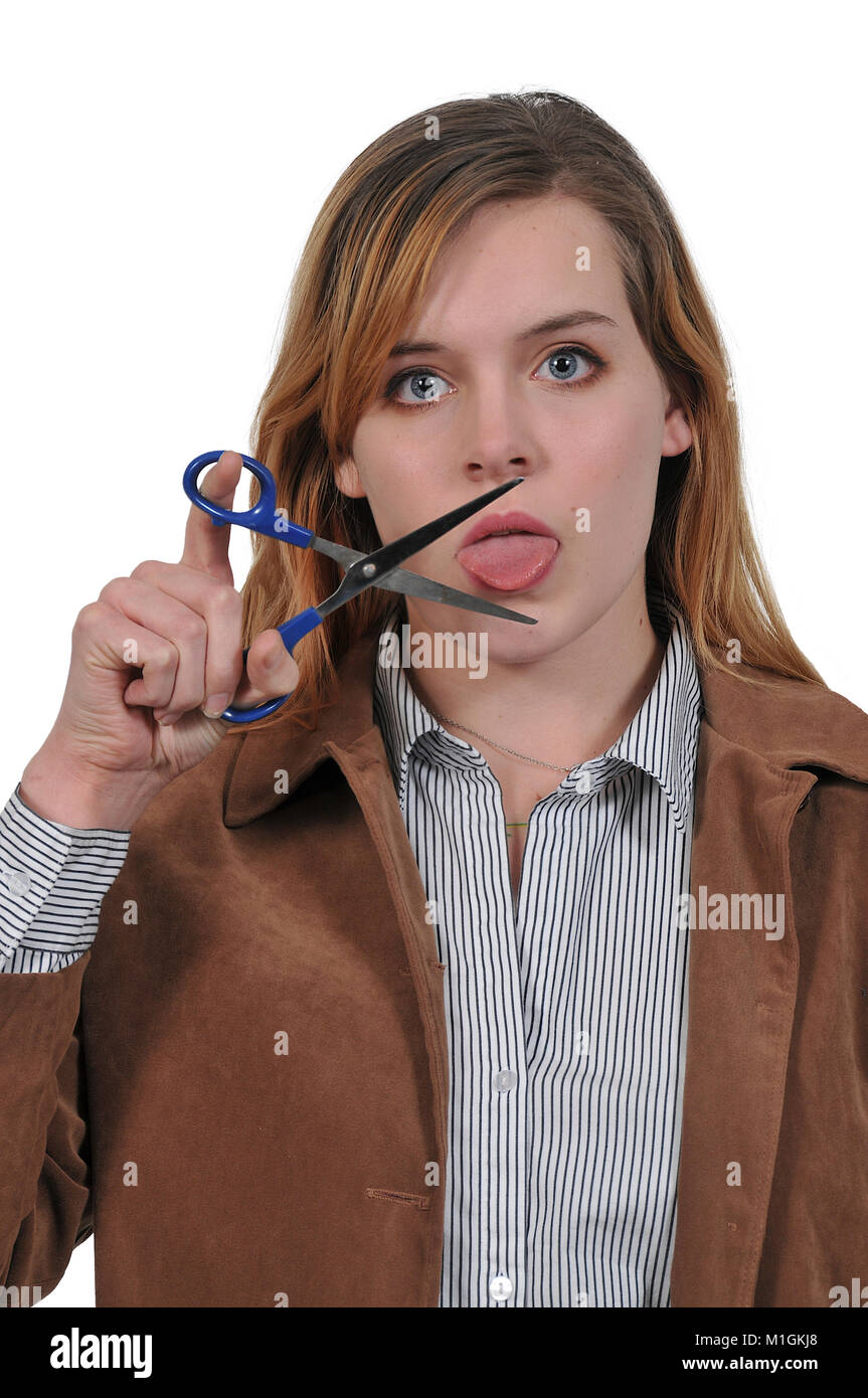 Woman about to cut her tongue with scissors so she wont speak out Stock ...