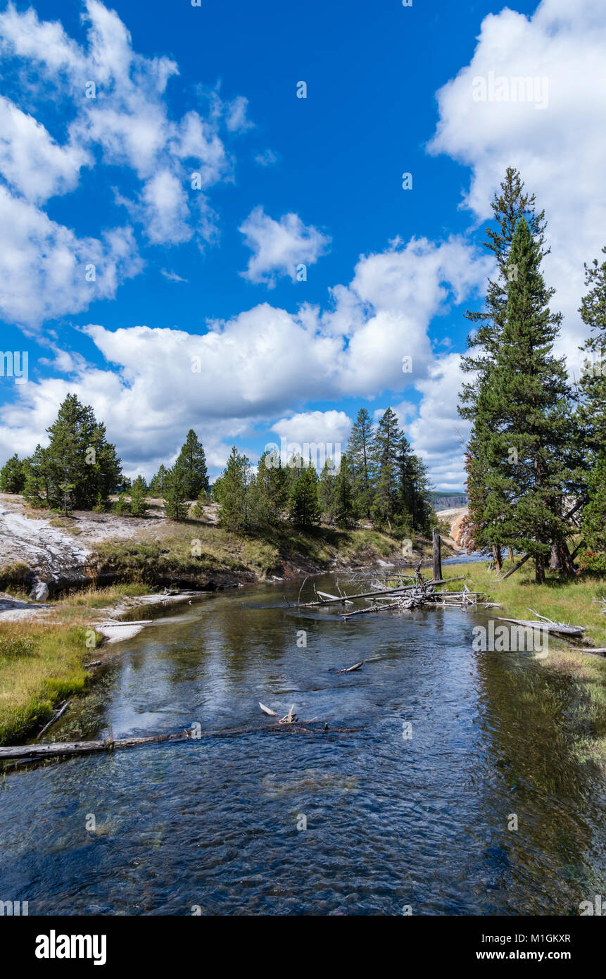 The Firehole River flows through the upper geyser basin of Yellowstone ...