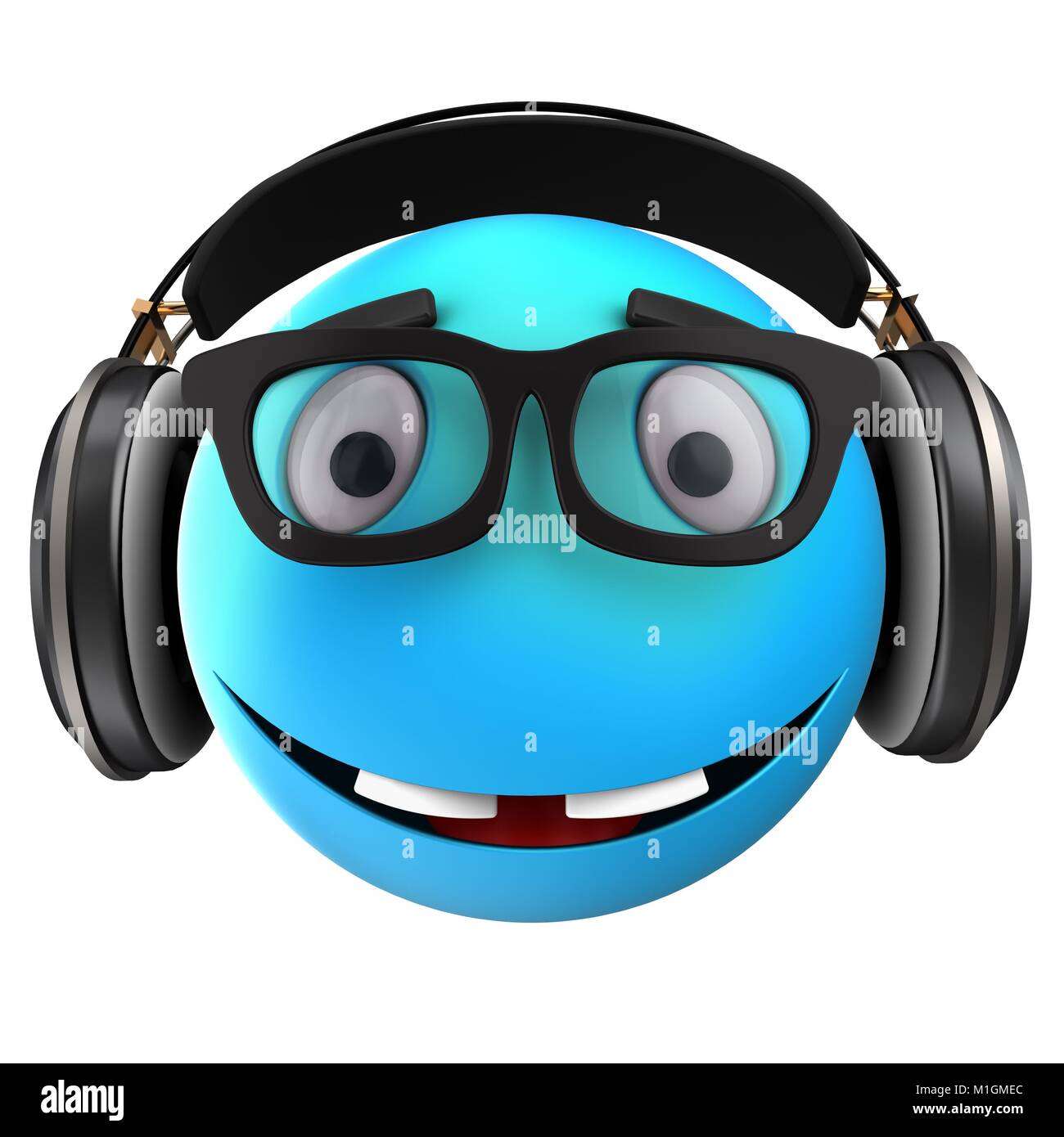 3d illustration of blue emoticon smile with black headphones over white ...