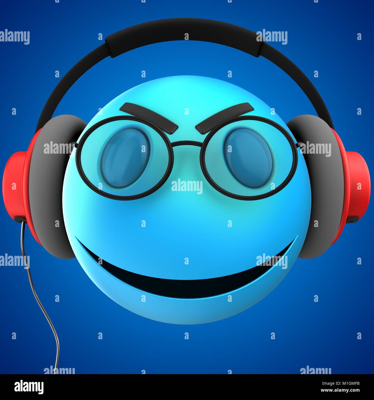 3d illustration of blue emoticon smile with red headphones over blue ...