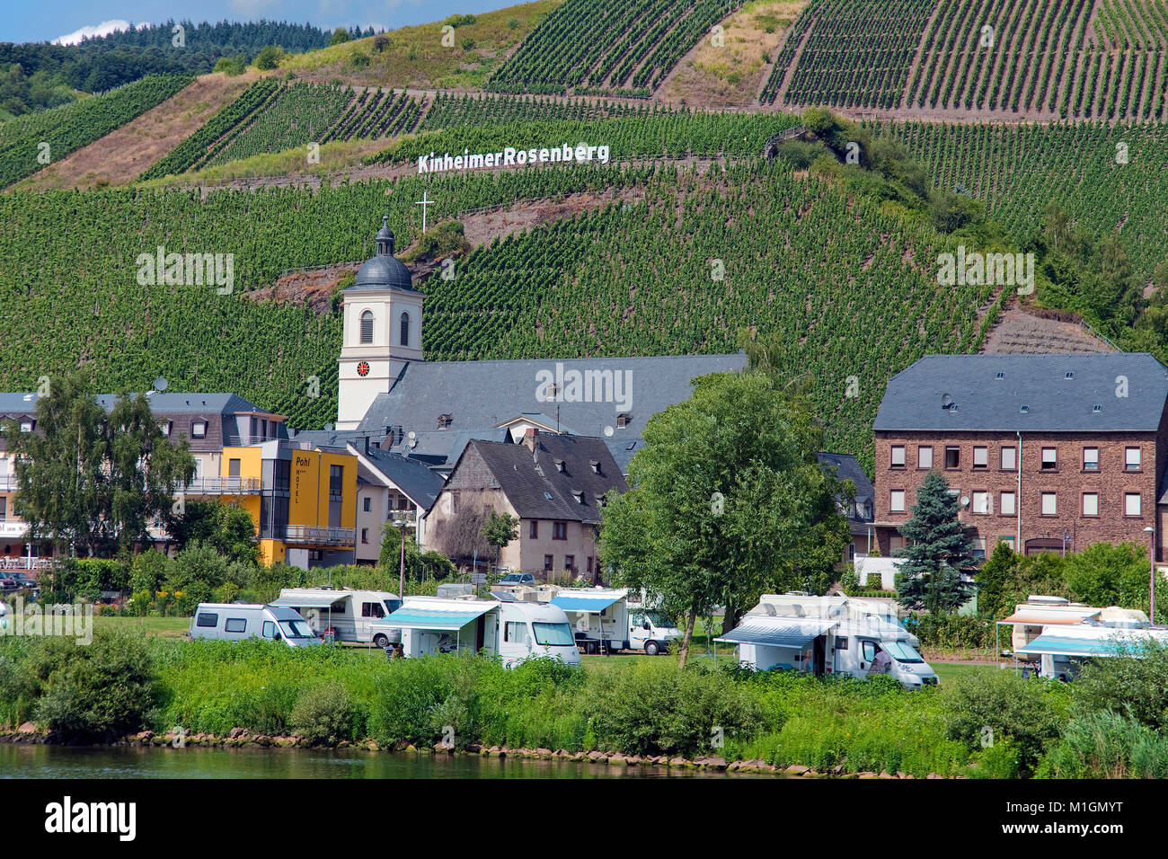 Caravan site at riverside of Kinheim, church Saint Martin, wine village ...