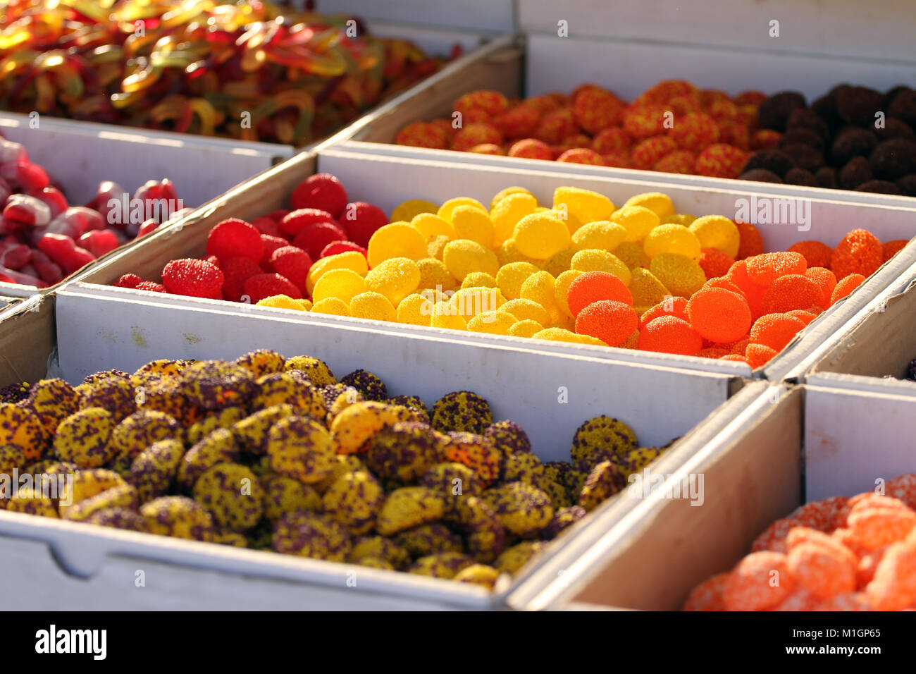 Candies. Variety of candy on a market. Various of colorful sugar ...