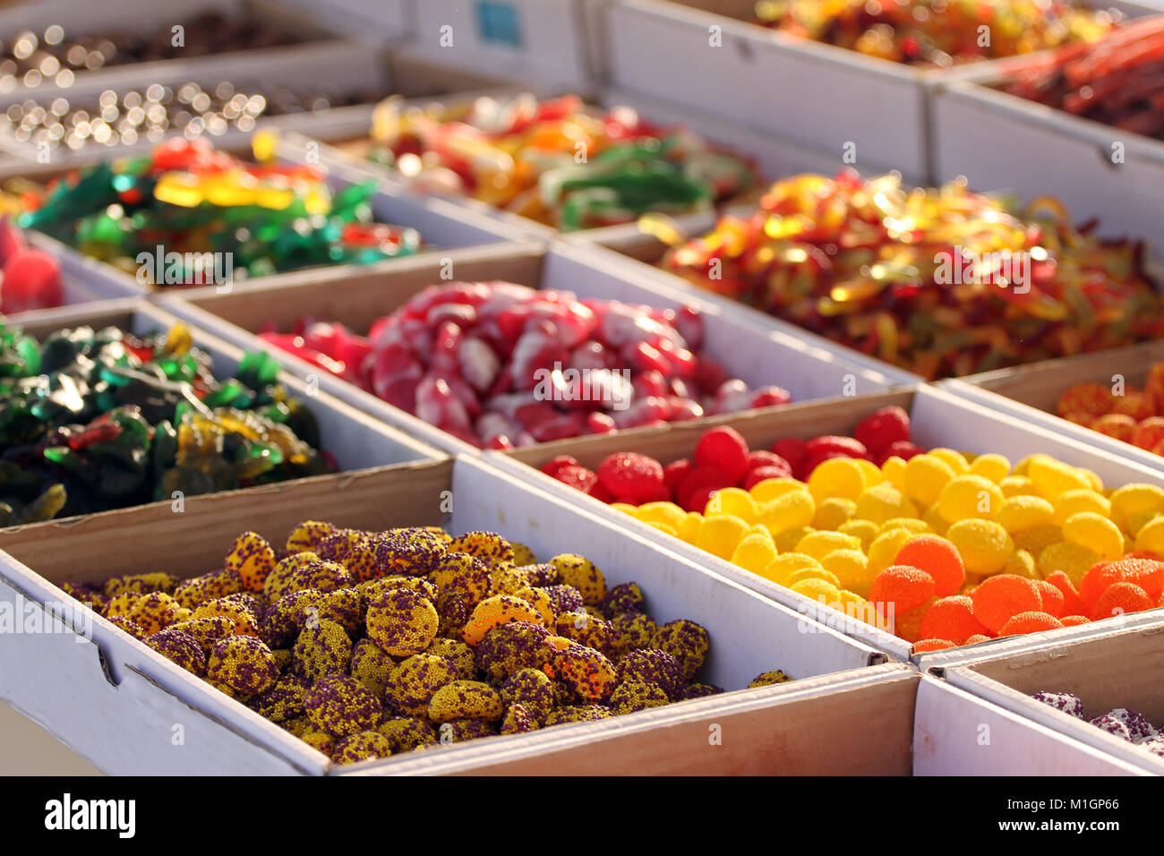 Candies. Variety of candy on a market. Various of colorful sugar ...