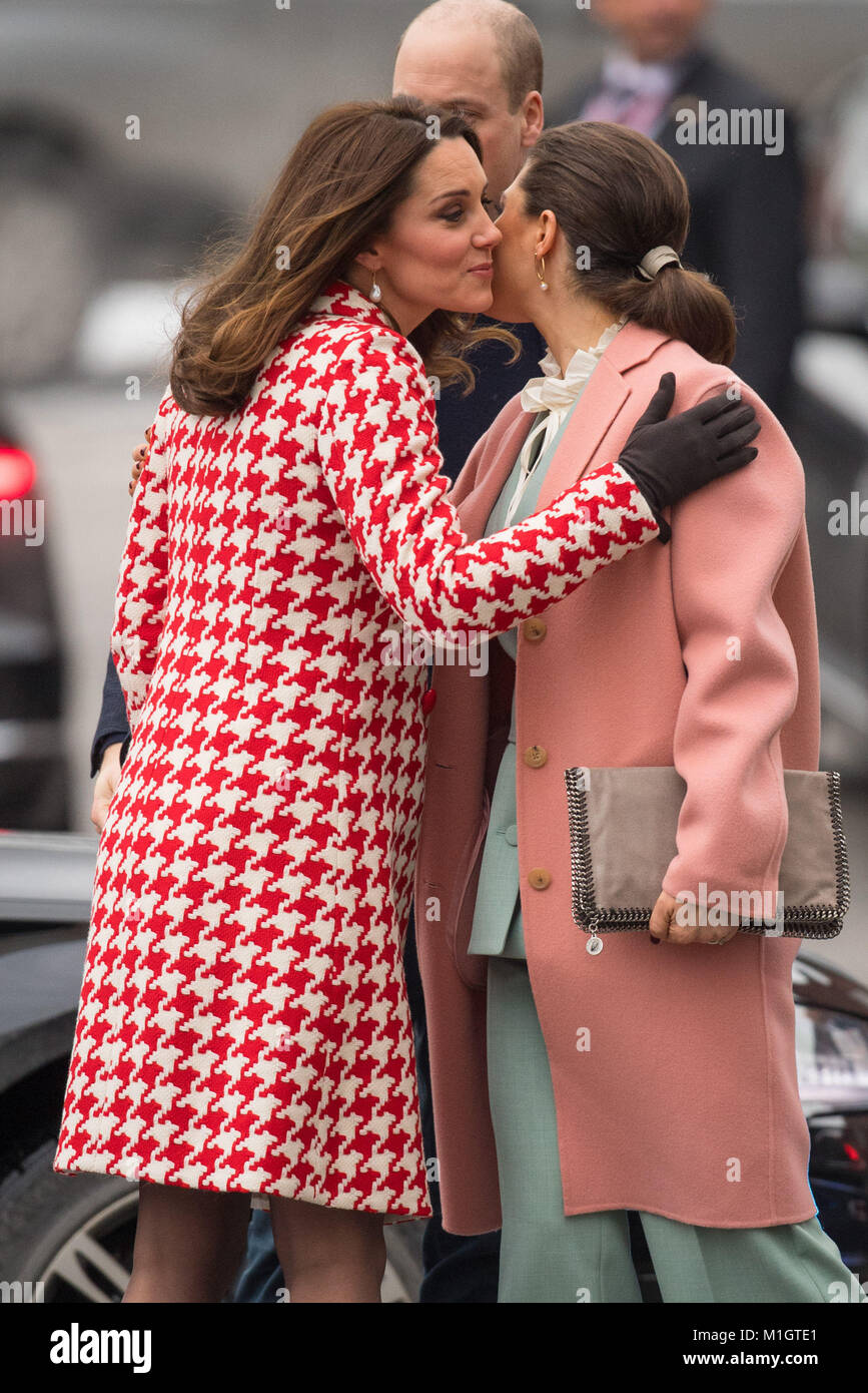 The Duchess of Cambridge (left) greets Crown Princess Victoria as they ...