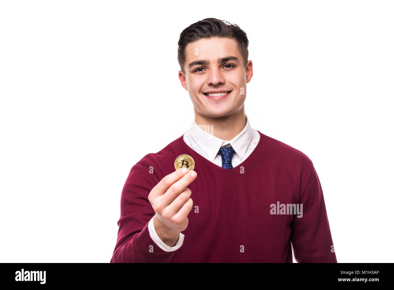 Business man rich trader holding bitcoin golden coin for business ...