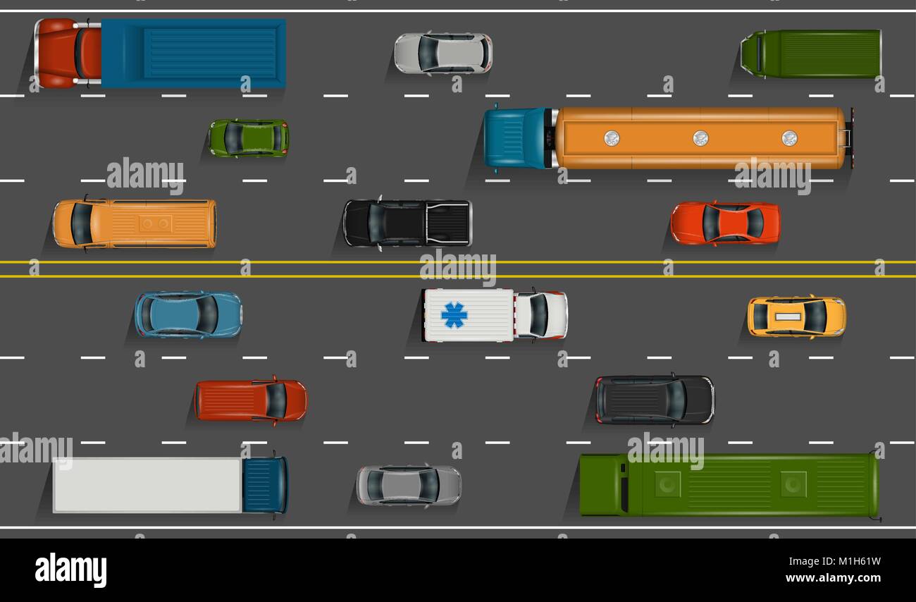 Vector vehicles on the highway illustration. Various detailed cars and ...