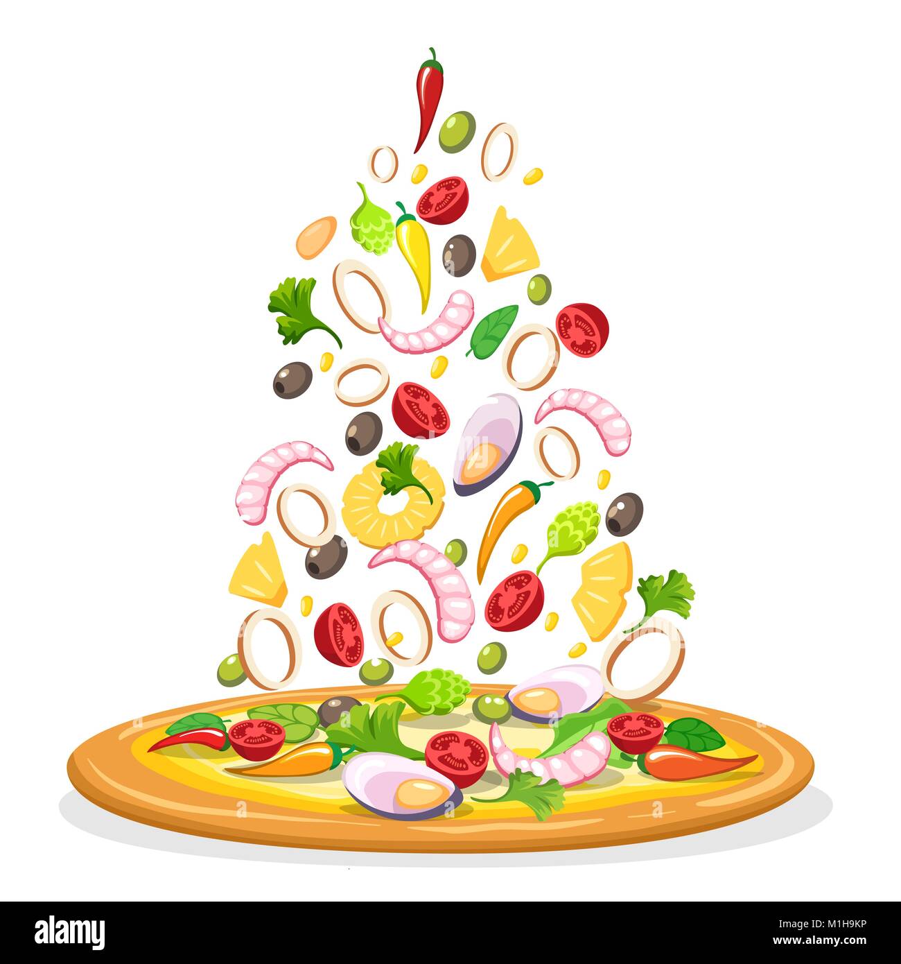 Pizza with falling ingredients. Isolated on white background seafood ...