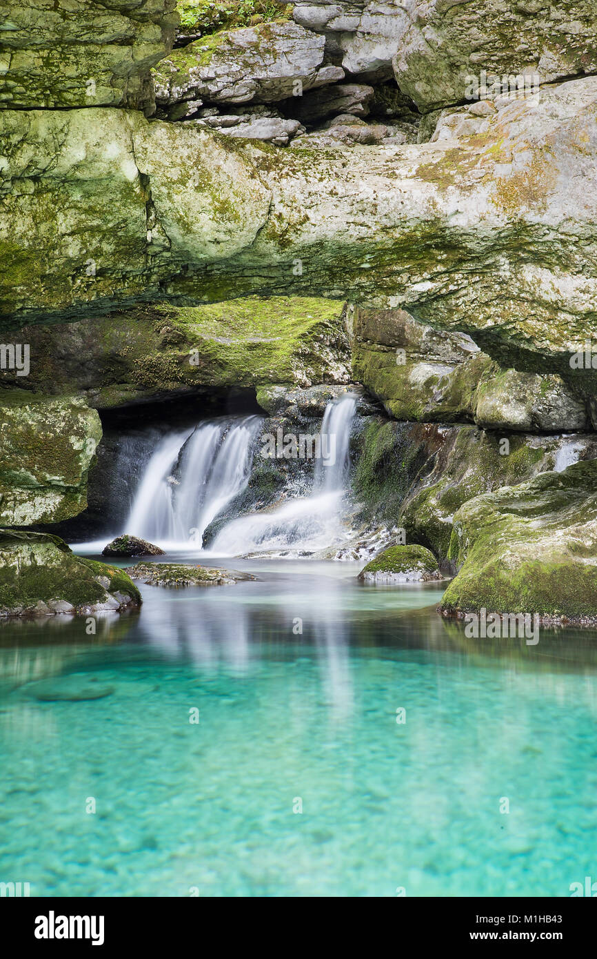 Waterfall and green pool of river Glijun, Virje waterfall, Soca valley ...