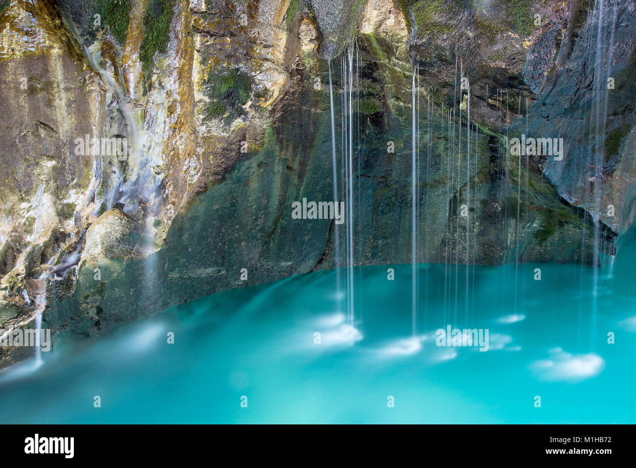 Small river waterfalls in rocky gorges, Great Soca Gorge, river Soca ...