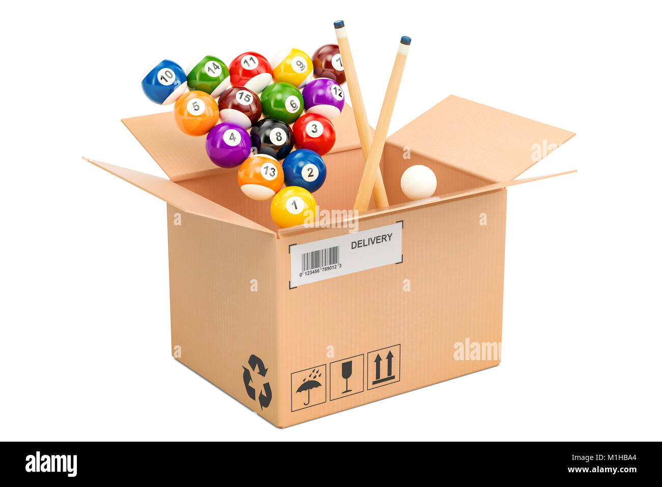 Billiard balls with cue inside parcel. 3D rendering isolated on white ...