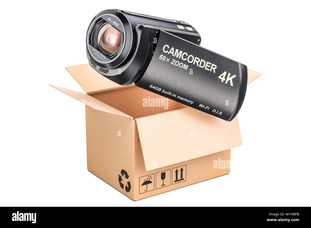 Delivery concept, camcorder inside parcel. 3D rendering isolated on ...