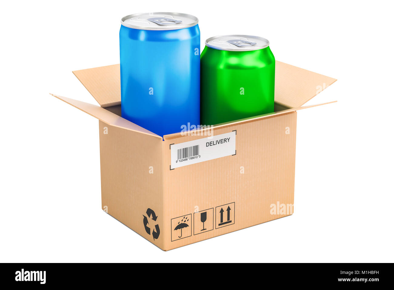 Cardboard box with drink metallic cans, delivery concept. 3D rendering ...