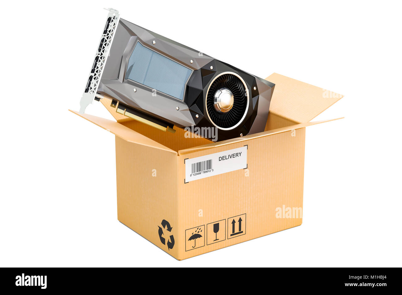Computer video card GPU inside parcel, delivery concept. 3D rendering ...