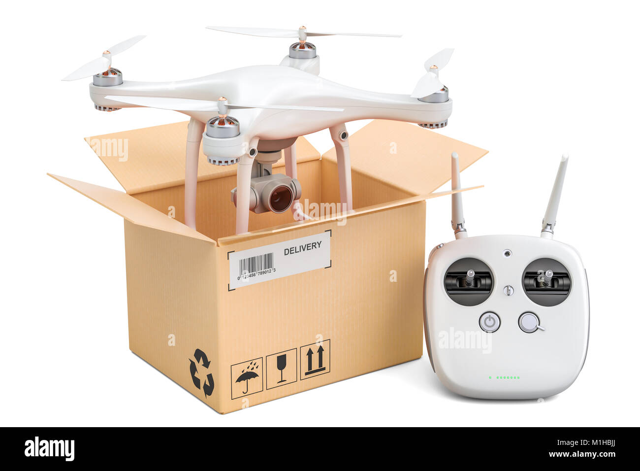 Drone quadrocopter with remote control inside cardboard box, delivery ...