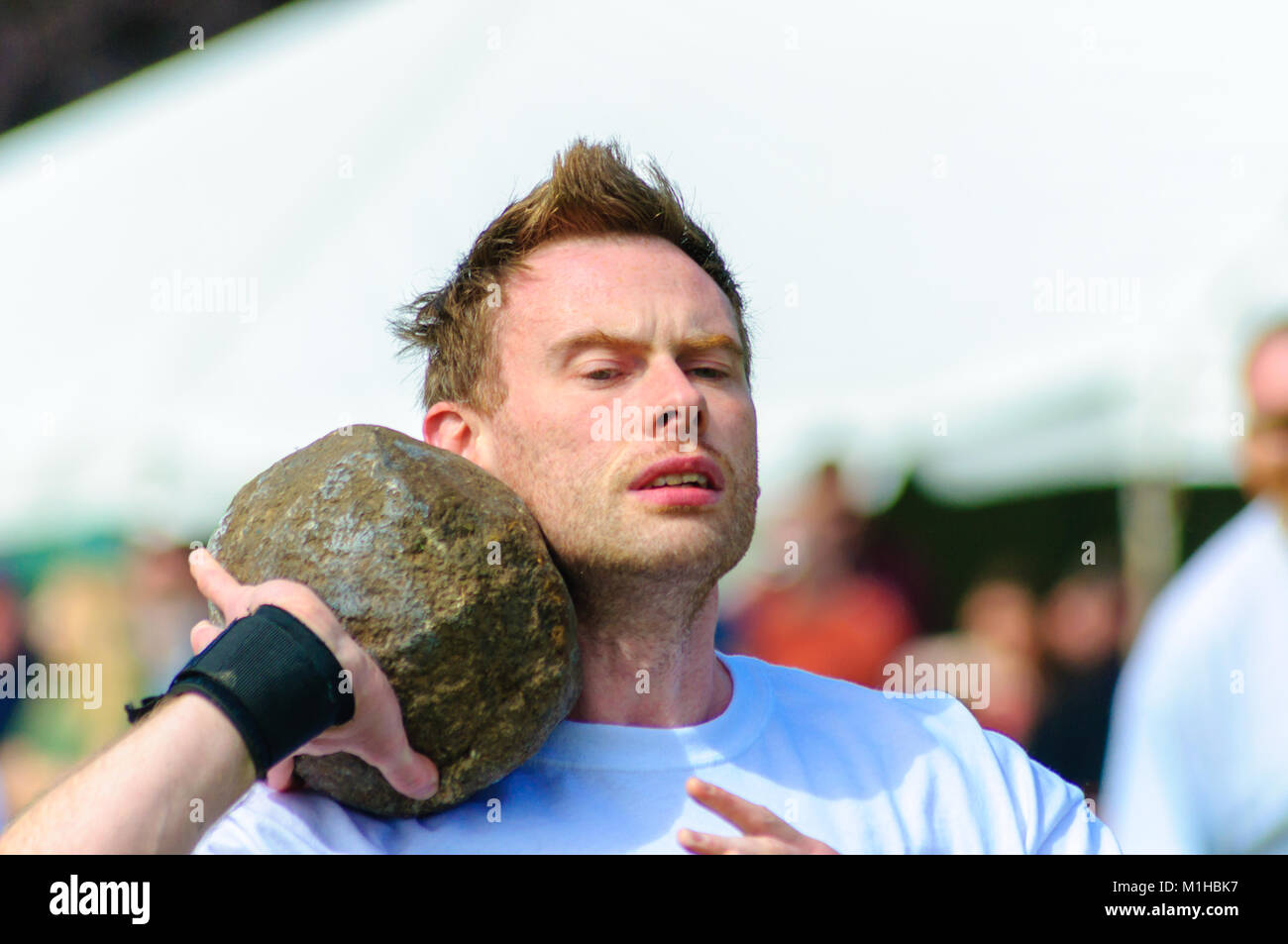 Muscular male prepares to throw in the stone put competition at the ...