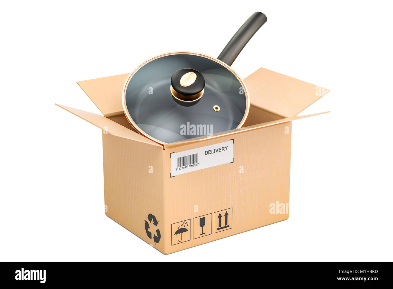 Frypan inside parcel, delivery concept. 3D rendering isolated on white ...