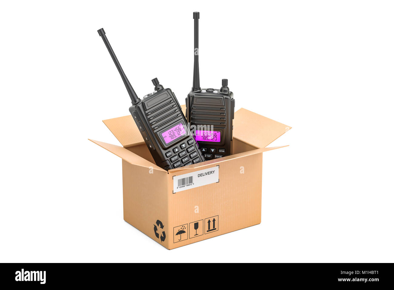 Portable radios walkie-talkie inside cardboard box, delivery concept ...