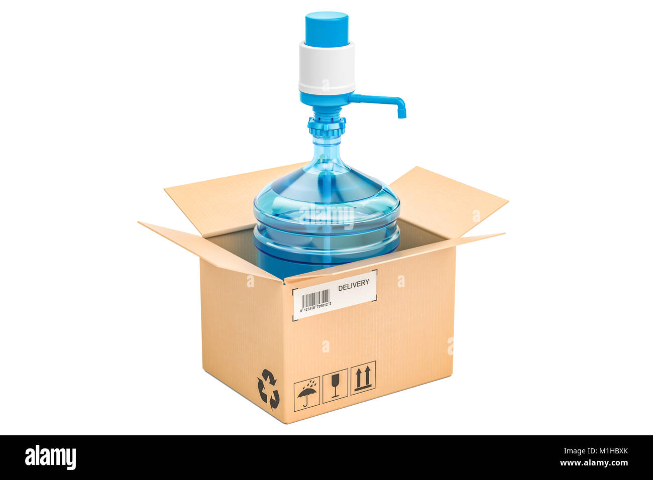 Water bottle with pump dispenser inside cardboard box, delivery concept ...