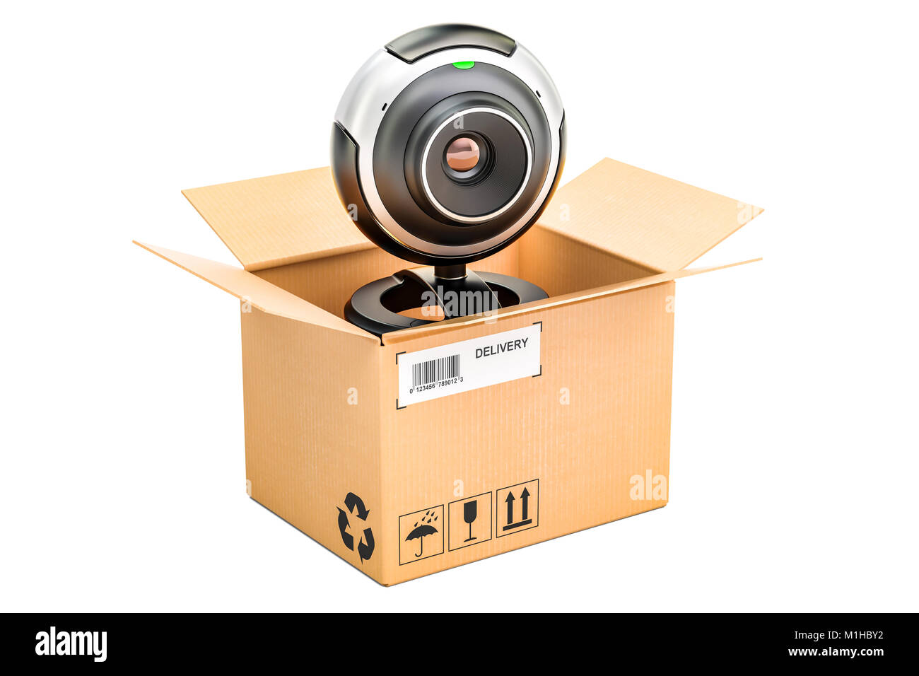 Webcam inside parcel, delivery concept. 3D rendering isolated on white ...