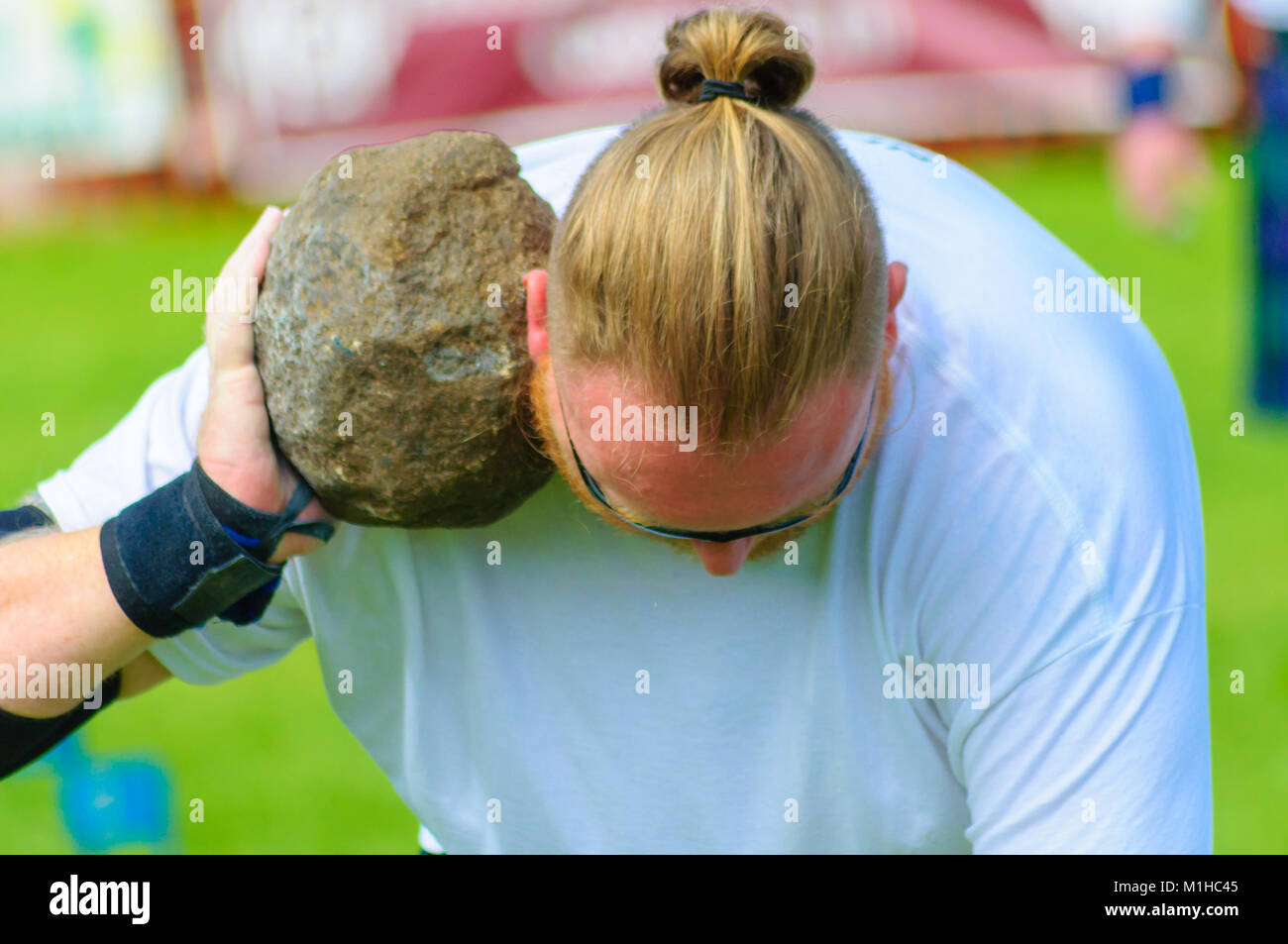 Muscular male prepares to throw in the stone put competition at the ...