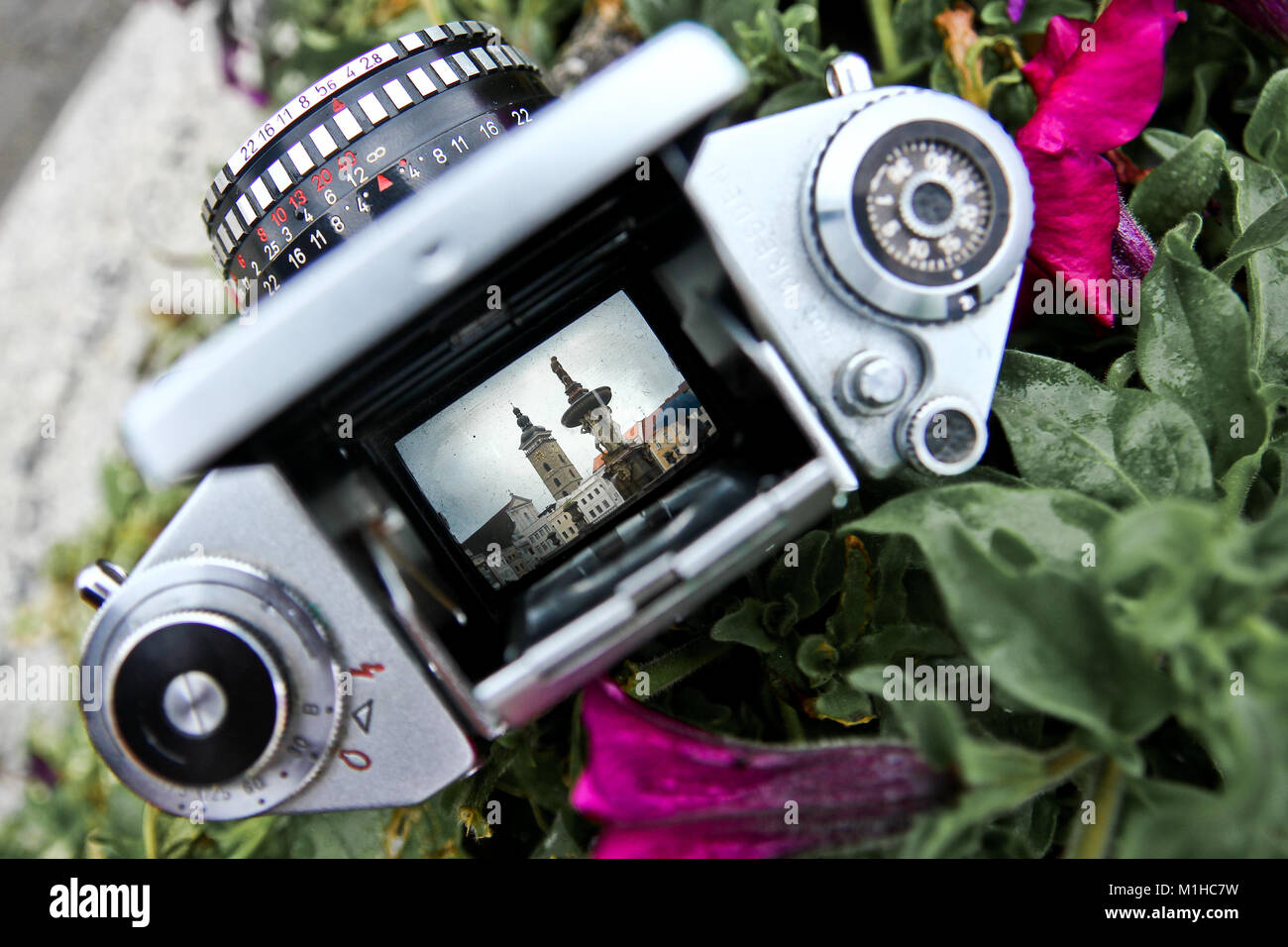 A view through the old reflex camera on the old historic town Stock ...