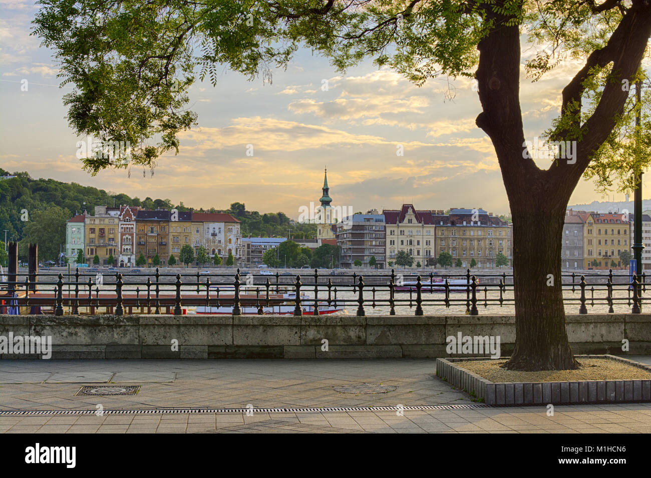 Buda side of Budapest riverfront view from Pest side Danube Promenade ...