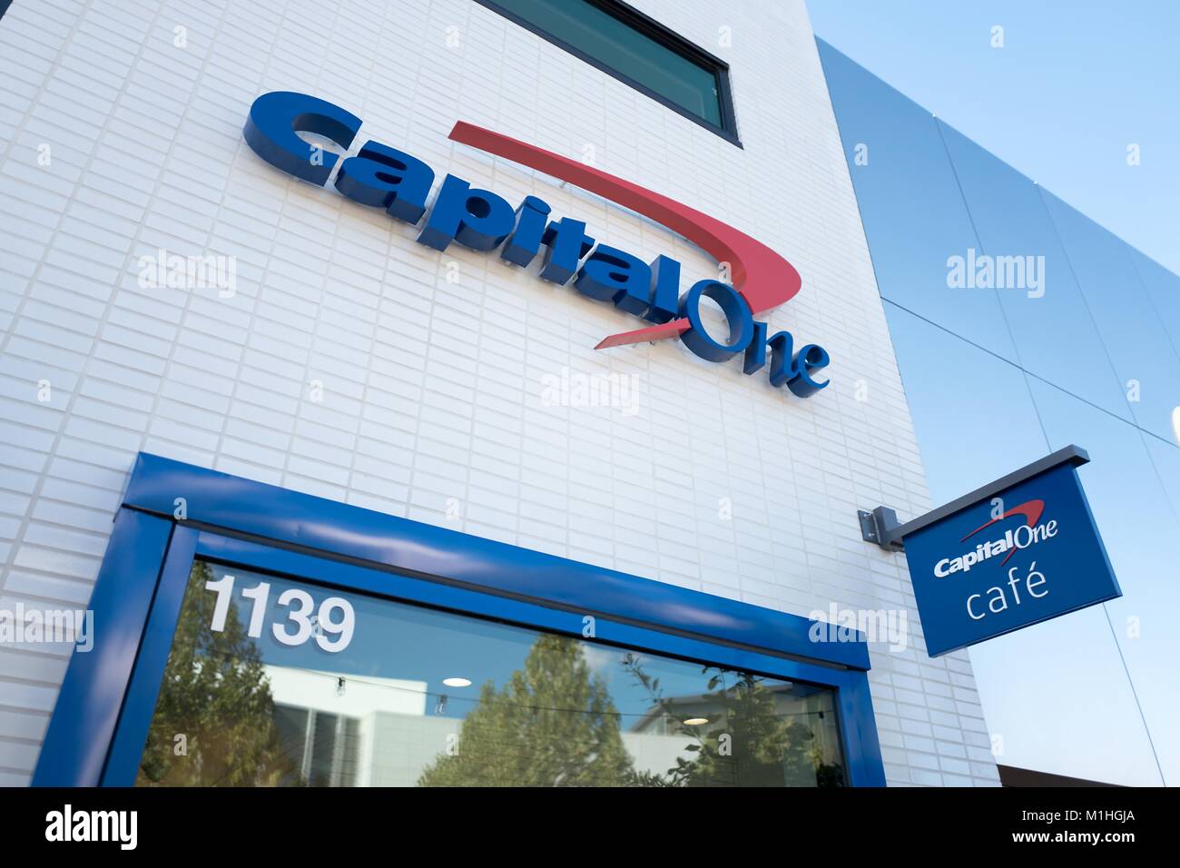 Sign on facade of CapitalOne cafe, a combined cafe and banking center ...