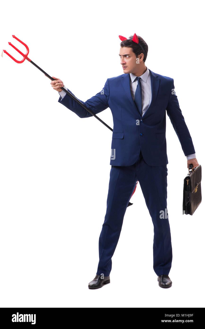 Evil devil businessman with pitchfork isolated on white background ...