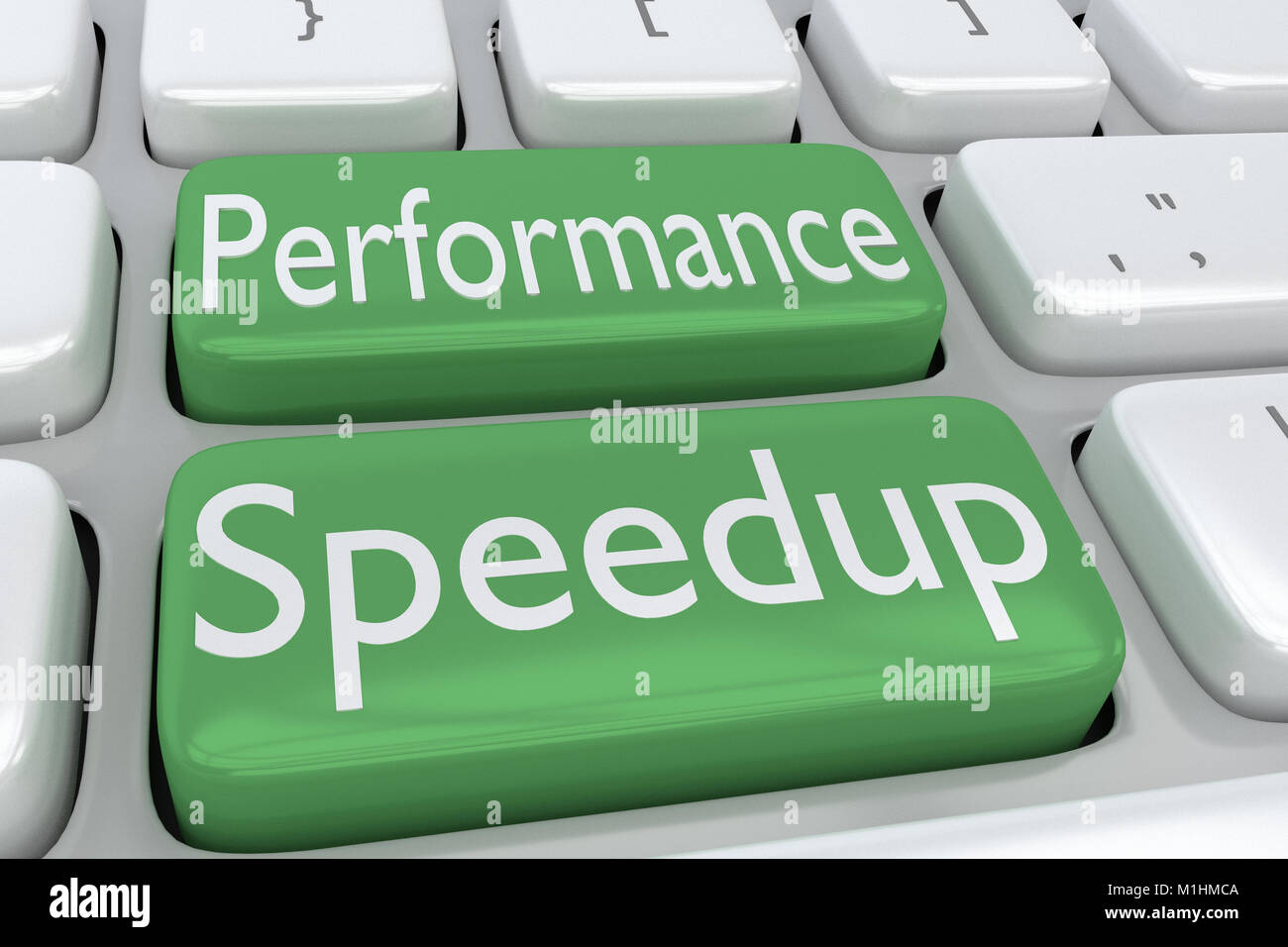 3D illustration of computer keyboard with the script Performance Speedup on two adjacent green ...