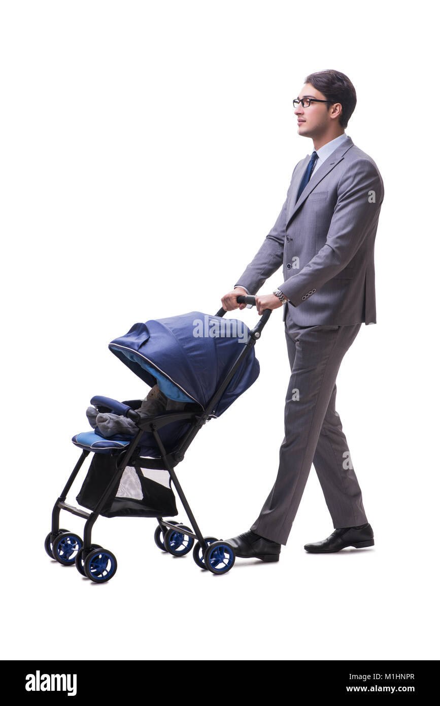Young businessman nursing child in pram isolated on white Stock Photo ...
