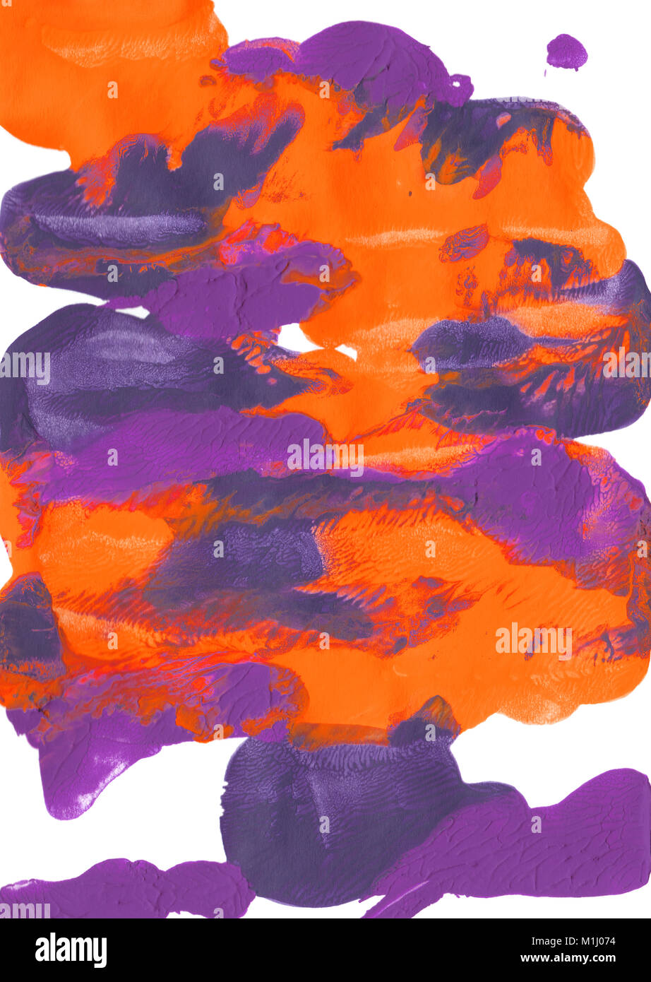 Orange and purple acrylic paint in abstract smears on white paper ...
