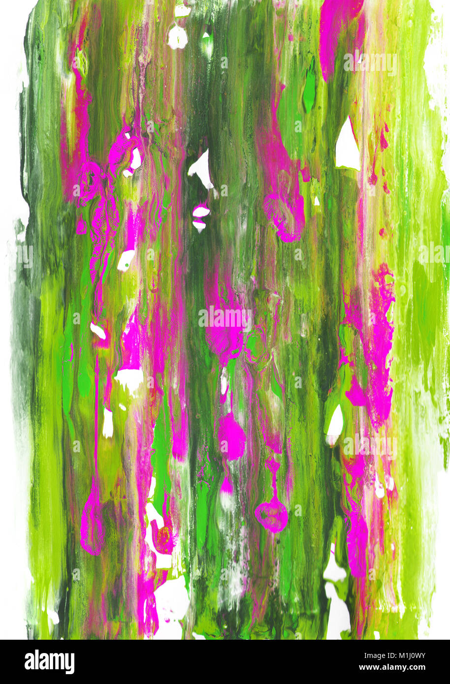 Long streaks of green paint on white paper with pink abstract smears ...