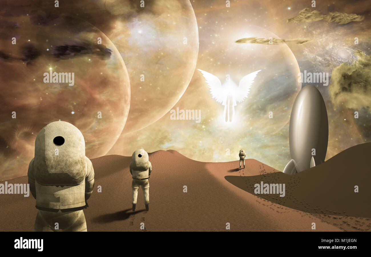Astronauts on alien planet and their rocket ship greeted by angelic ...